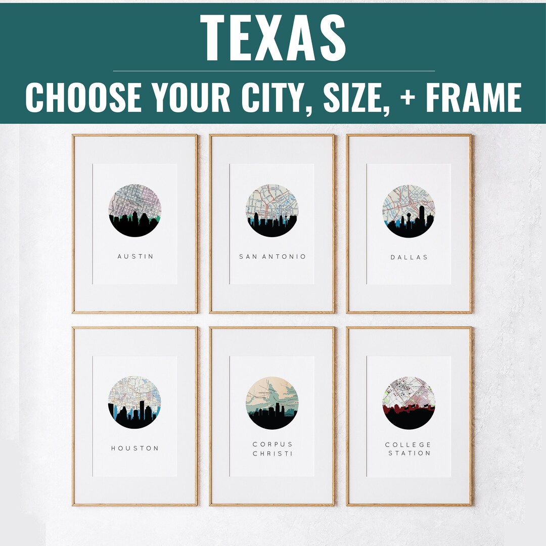 Texas City Print, Framed Texas Art, Multiple Cities | Houston TX ...