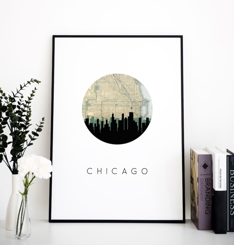 Chicago Map Art Print | Chicago Skyline & Urban Wall Decor | Living ...