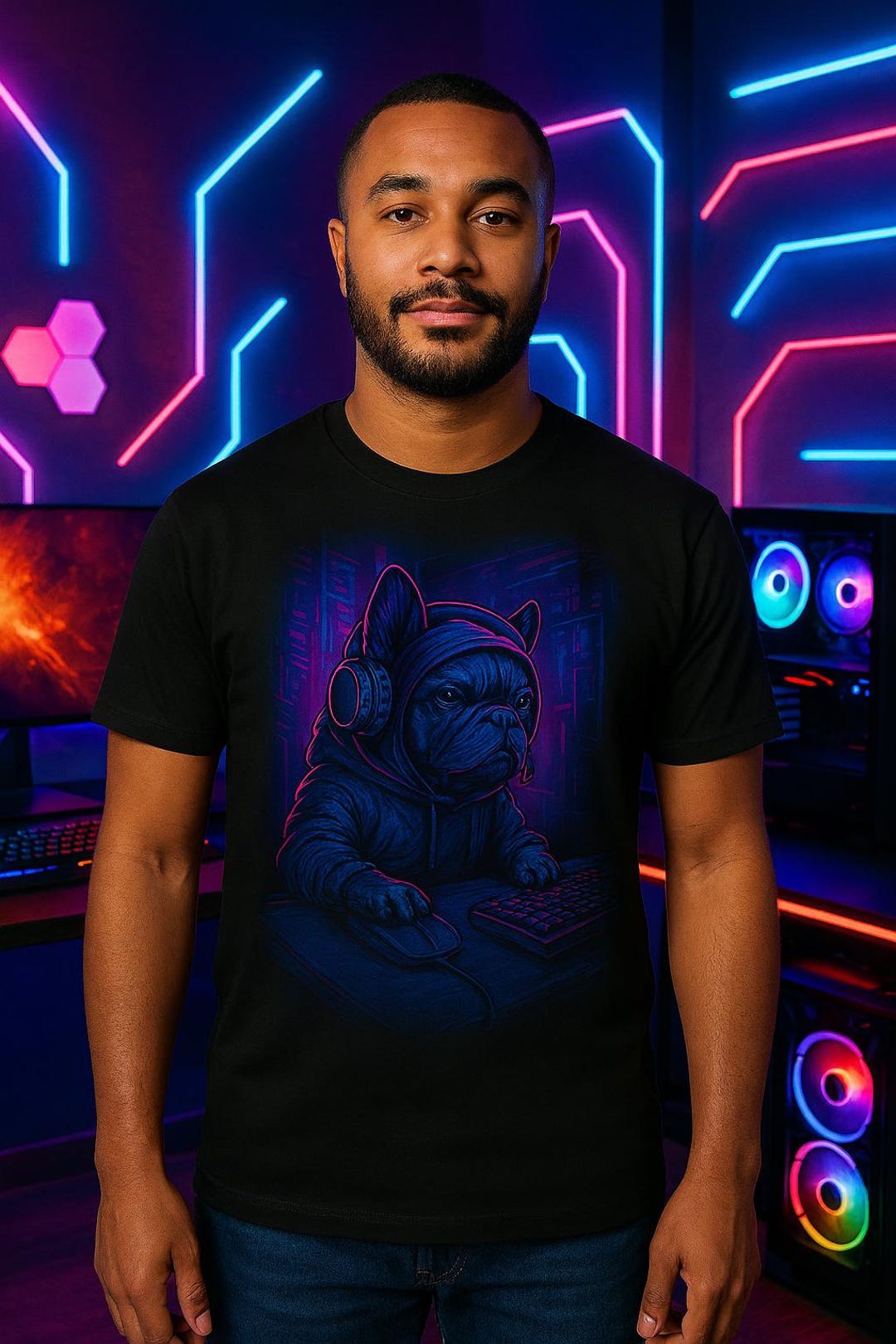 Neon Gaming Frenchie T-shirt | Retro Cyberpunk Frenchie Headphones Tee ...