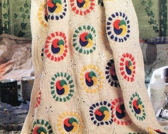 Vintage Crochet Pattern Color Wheel Motif Afghan Square Motif Throw ...