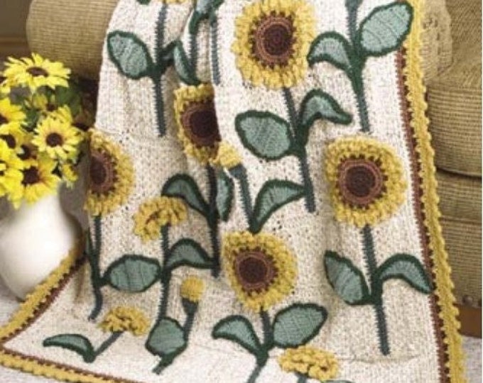 Vintage Crochet Pattern Bright Sunflowers Motif Granny Squares Afghan ...