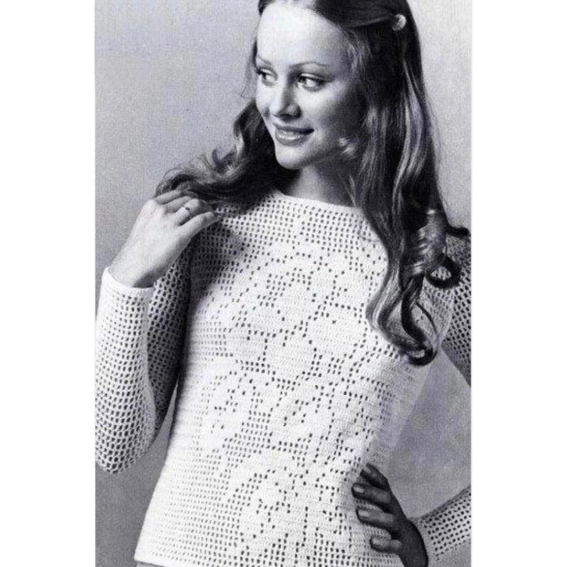 Vintage Filet Crochet Pattern Rose Scroll Blouse Pullover Summer ...