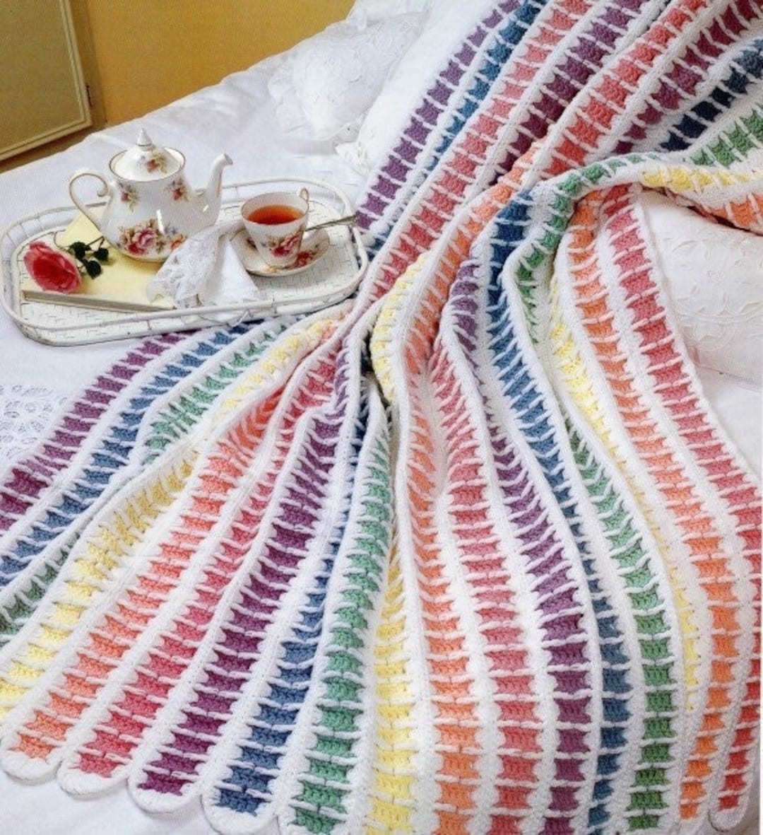 Vintage Mile a Minute Afghan Crochet Pattern Pastel Rainbow Throw ...
