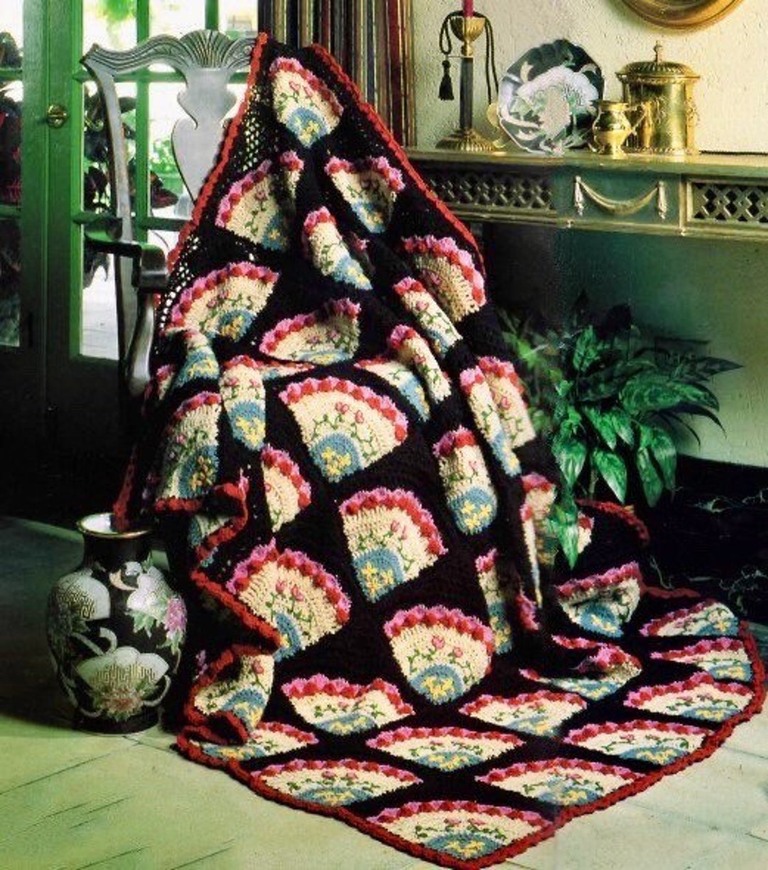 Vintage Afghan Crochet Pattern Chelsea Fans Blanket Colorful Throw PDF ...