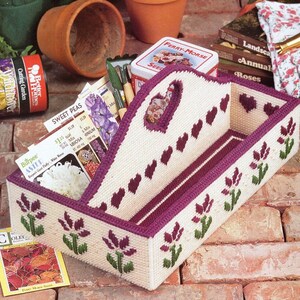 Vintage Plastic Canvas Pattern Hearts and Flowers Caddy Tulips Desk ...