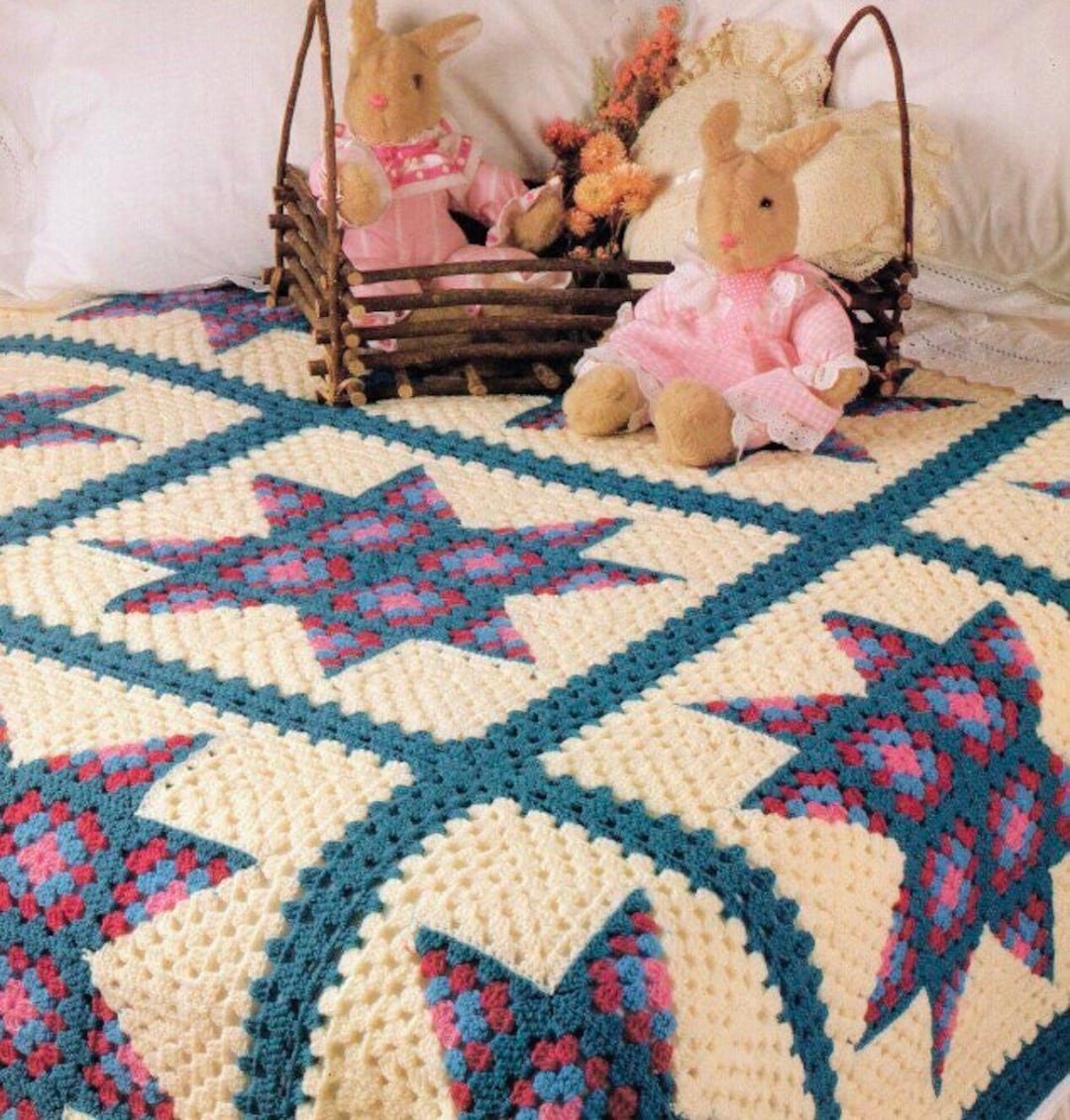 Vintage Crochet Quilt Pattern Patchwork Star Quilt Style Afghan Blanket