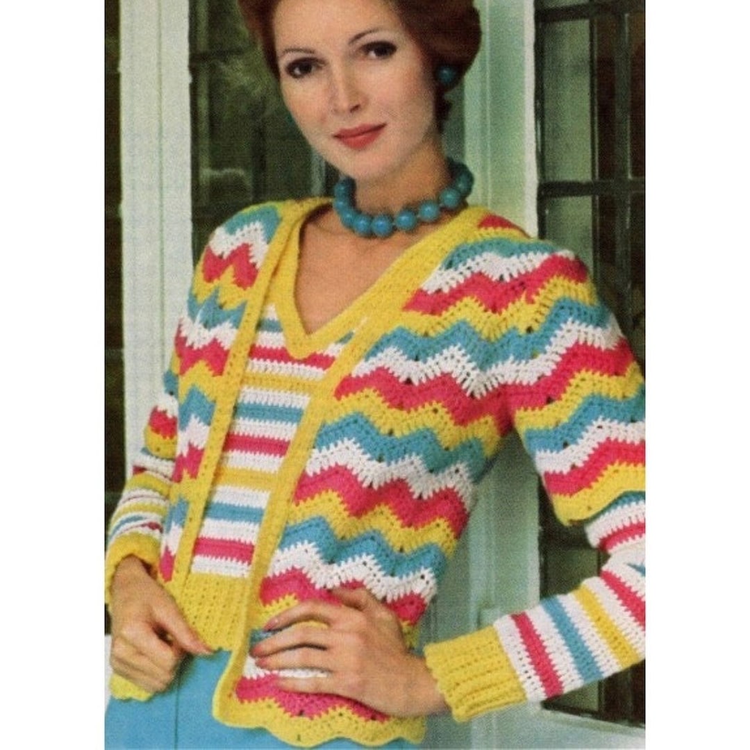 Vintage Crochet Pattern Twin Sweater Set Ripple Chevron Pullover Top ...