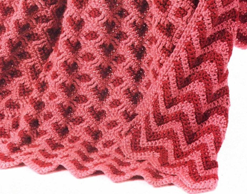 Vintage Crochet Pattern Sweetheart Ripple Afghan Pink Red Hearts Throw ...