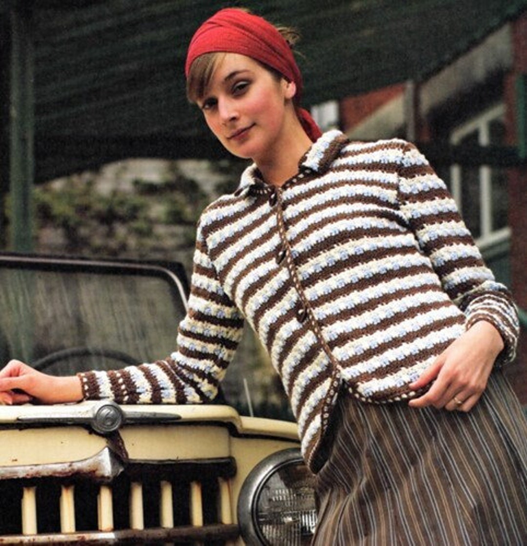 Retro Tweed Jacket Crochet Pattern Button Front Cardigan Long Sleeve ...