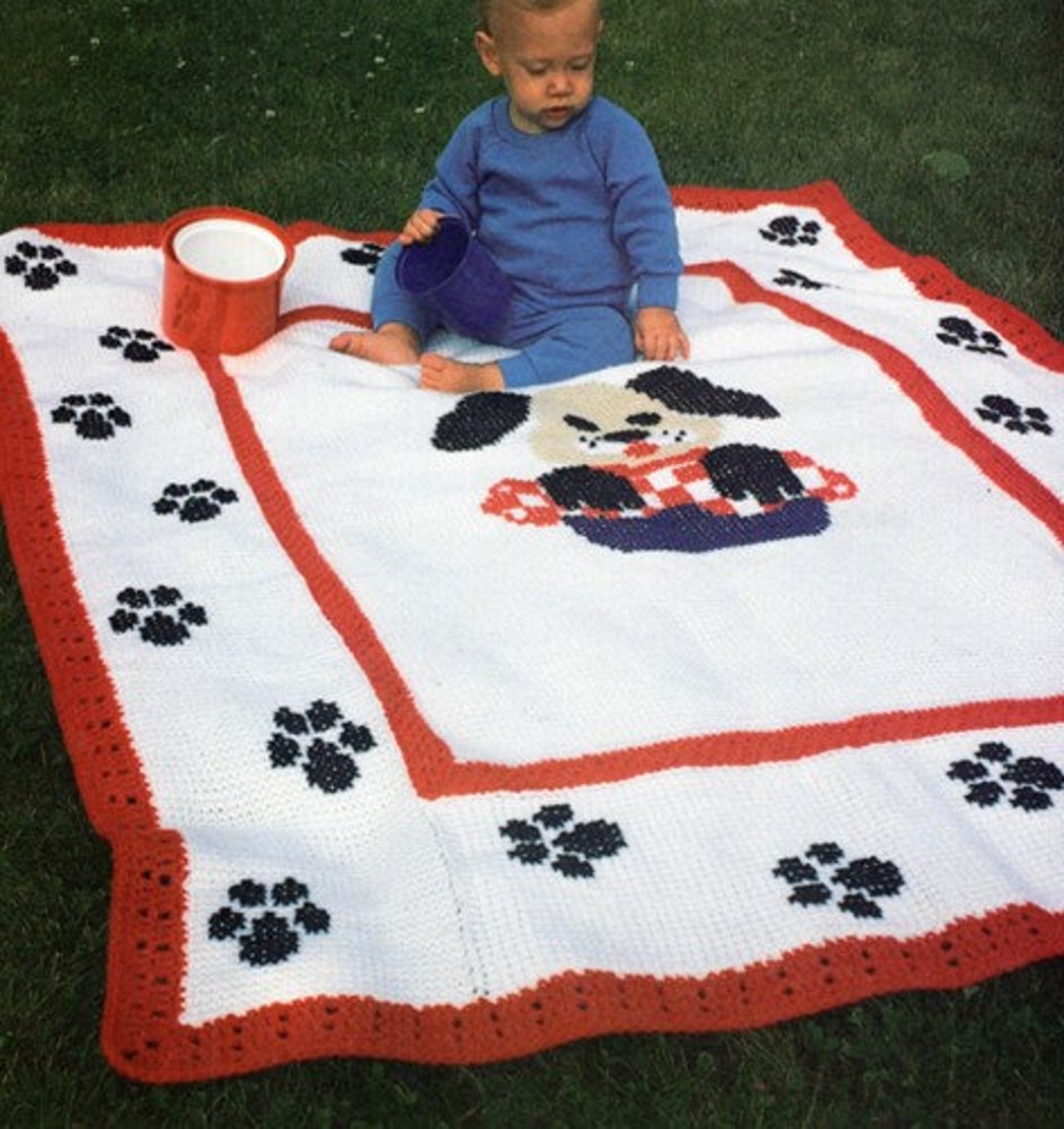 Vintage Crochet Pattern Afghan Stitch Embroidered Picture Afghan Puppy ...