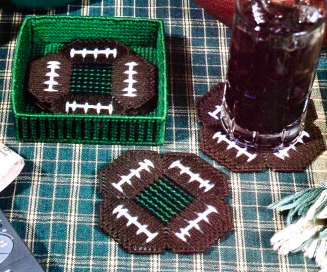 Vintage Plastic Canvas Pattern Football Coasters With Field Holder ...