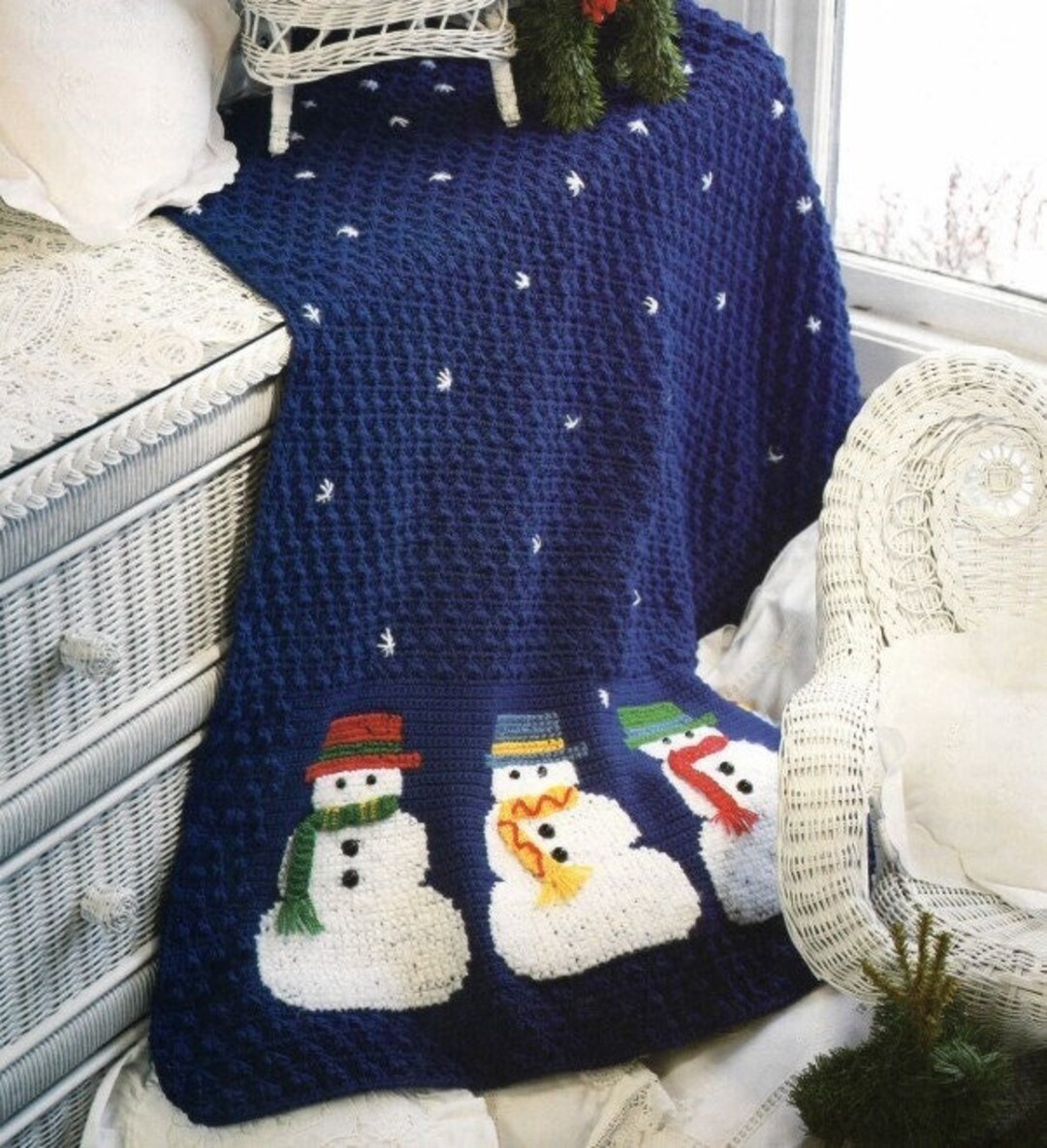 Vintage Christmas Afghan Crochet Pattern Winter Cross Stitch Snowman ...