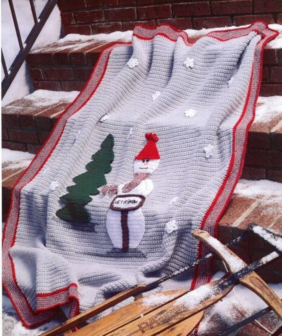 Vintage Christmas Afghan Crochet Pattern Winter Applique Snowman Let It ...