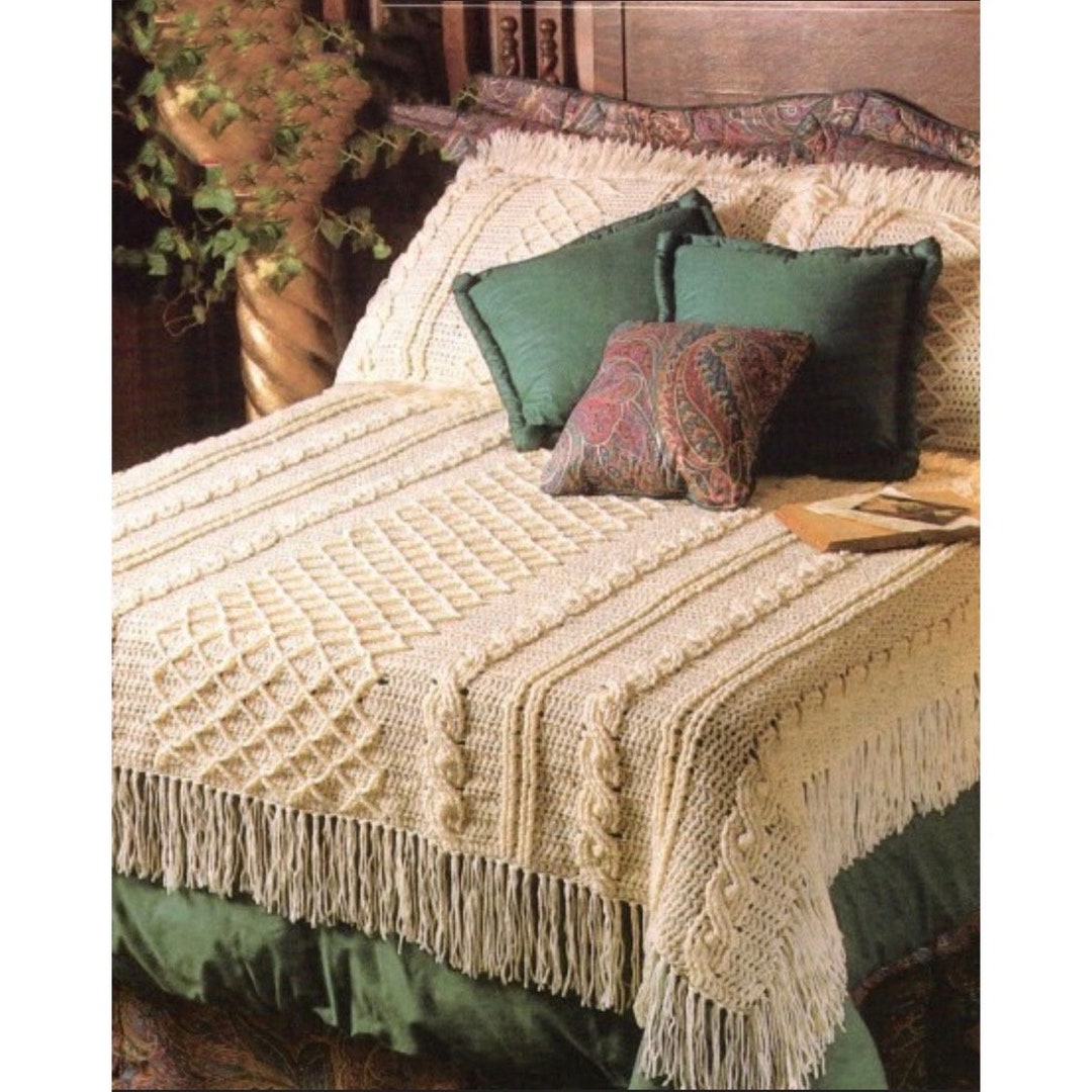 Vintage Crochet Pattern Classic Aran Afghan Bedspread Blanket Coverlet ...