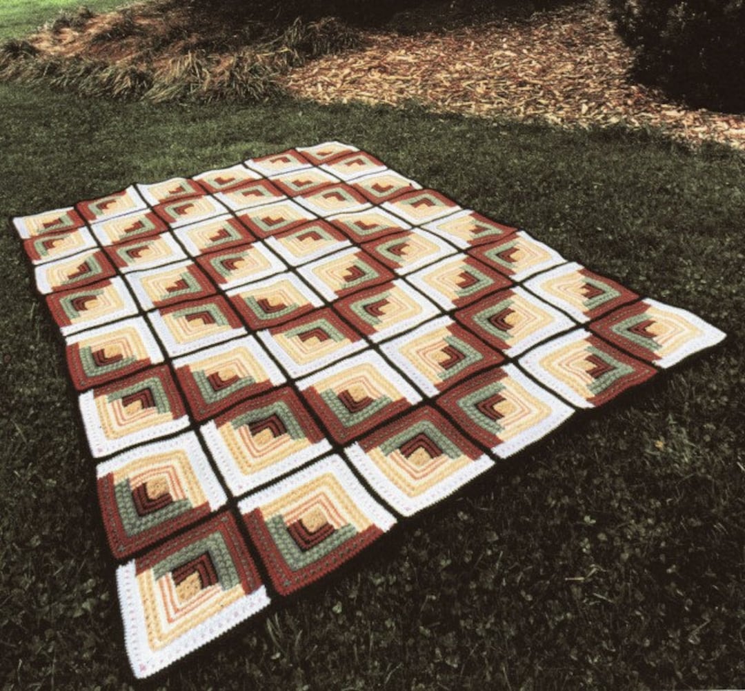 Vintage Crochet Afghan Pattern Log Cabin Quilt Rustic Bedspread Blanket ...