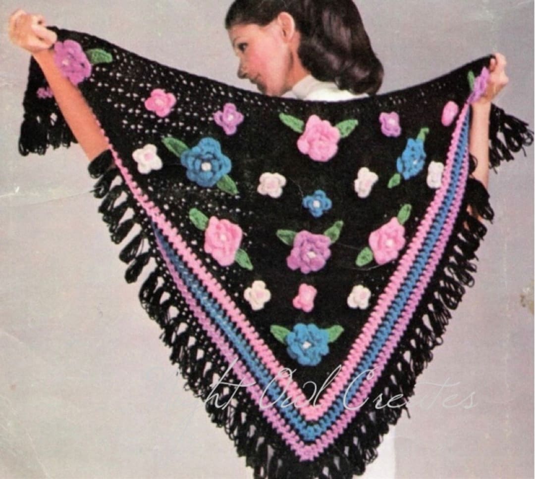 Vintage Crochet Pattern Triangle Spanish Shawl Flower Wrap Fringe Scarf ...