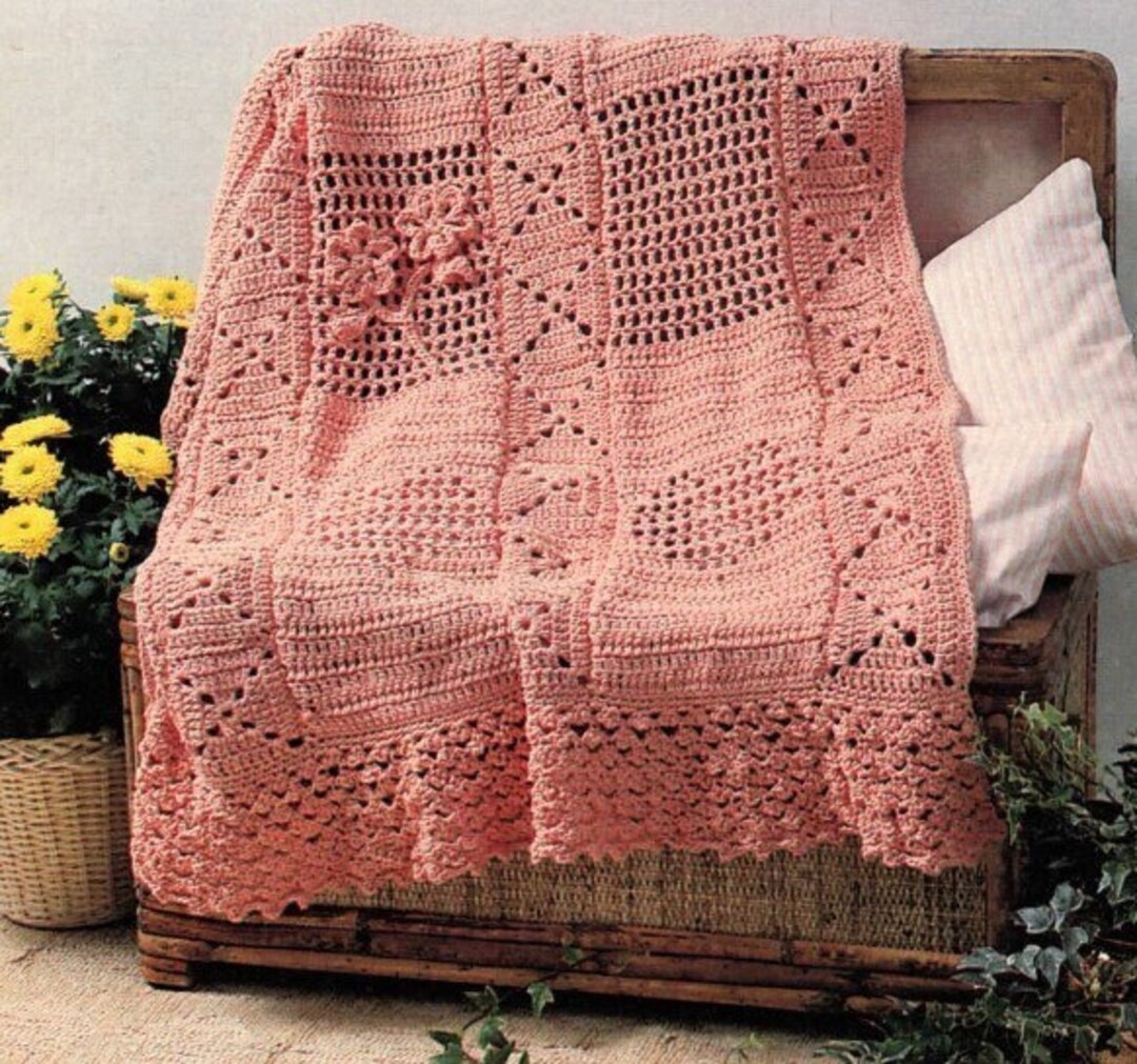 Vintage Afghan Crochet Pattern Filet Hearts and Flowers Lacy Granny ...