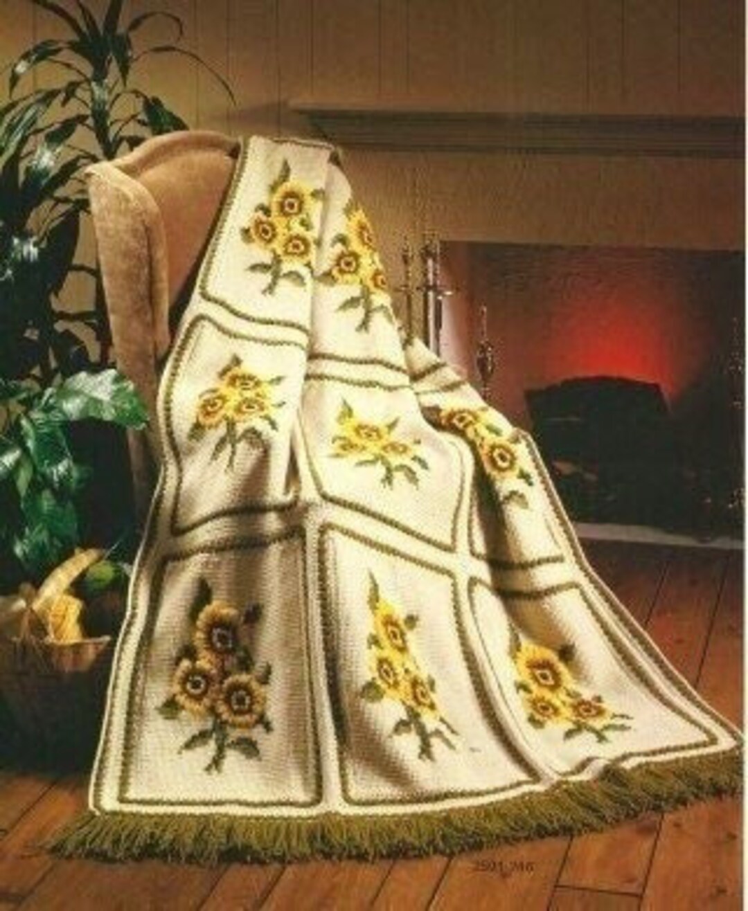 Vintage Afghan Crochet Pattern Sunflowers Garden Throw Floral Large ...