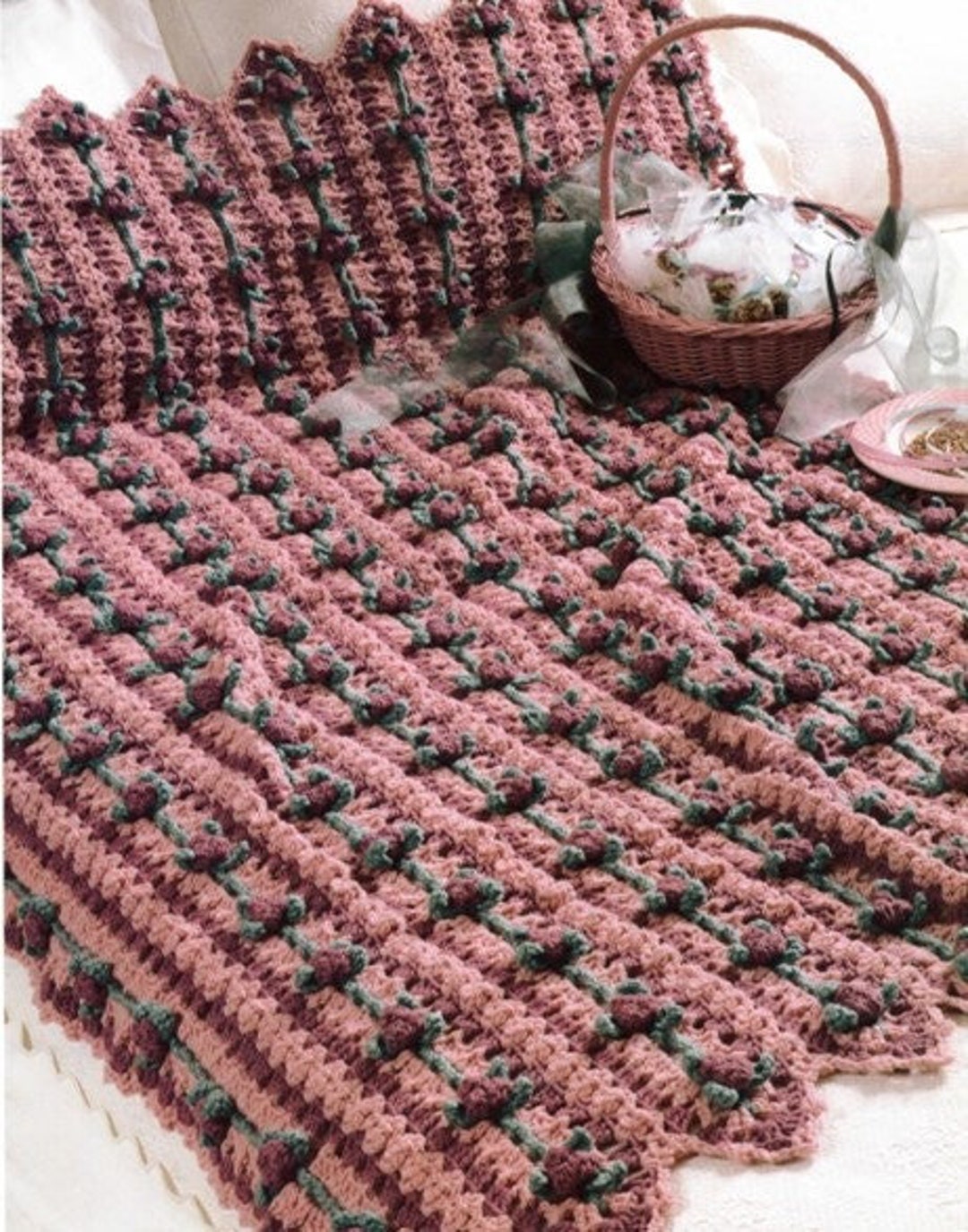 Vintage Afghan Crochet Pattern Romantic Pink Climbing Rosebuds and Ivy ...