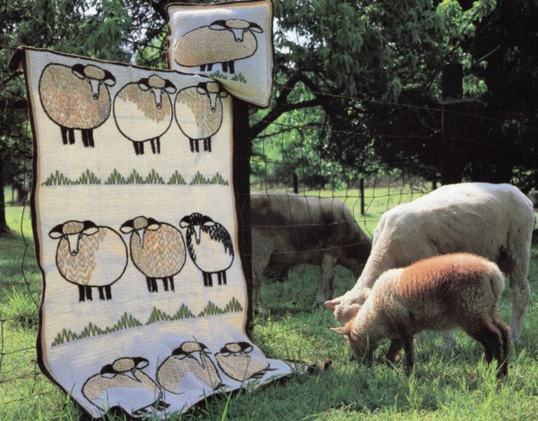 Vintage Crochet Pattern Spring Lambs Country Farm House Afghan and ...