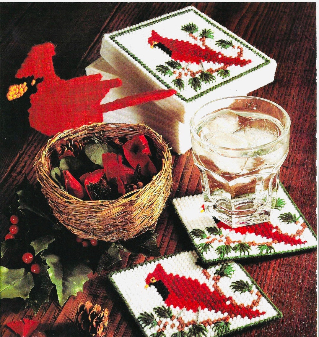 Vintage Plastic Canvas Pattern Christmas Cardinal Bird Coaster Set PDF ...