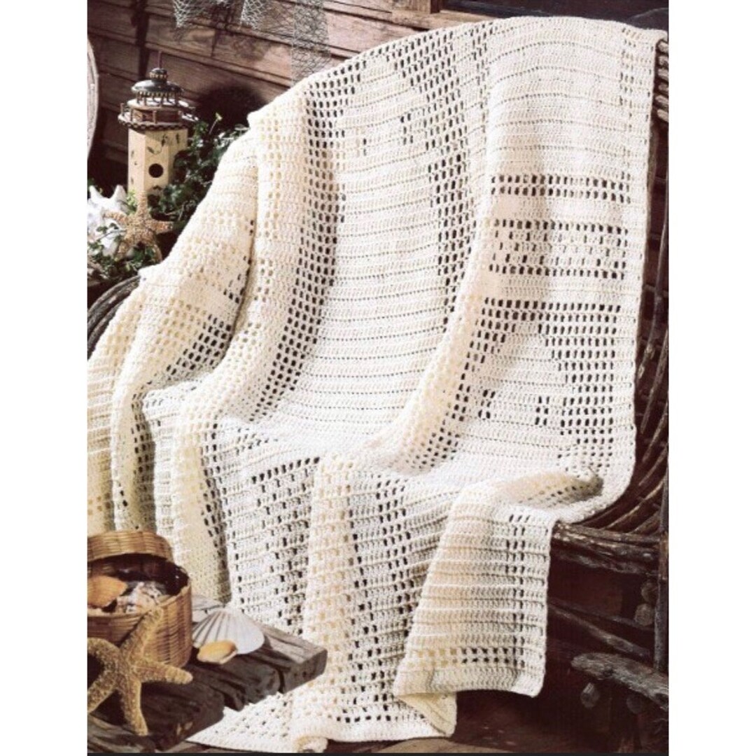 Vintage Crochet Pattern Filet Afghan Guiding Light Lighthouse Throw ...