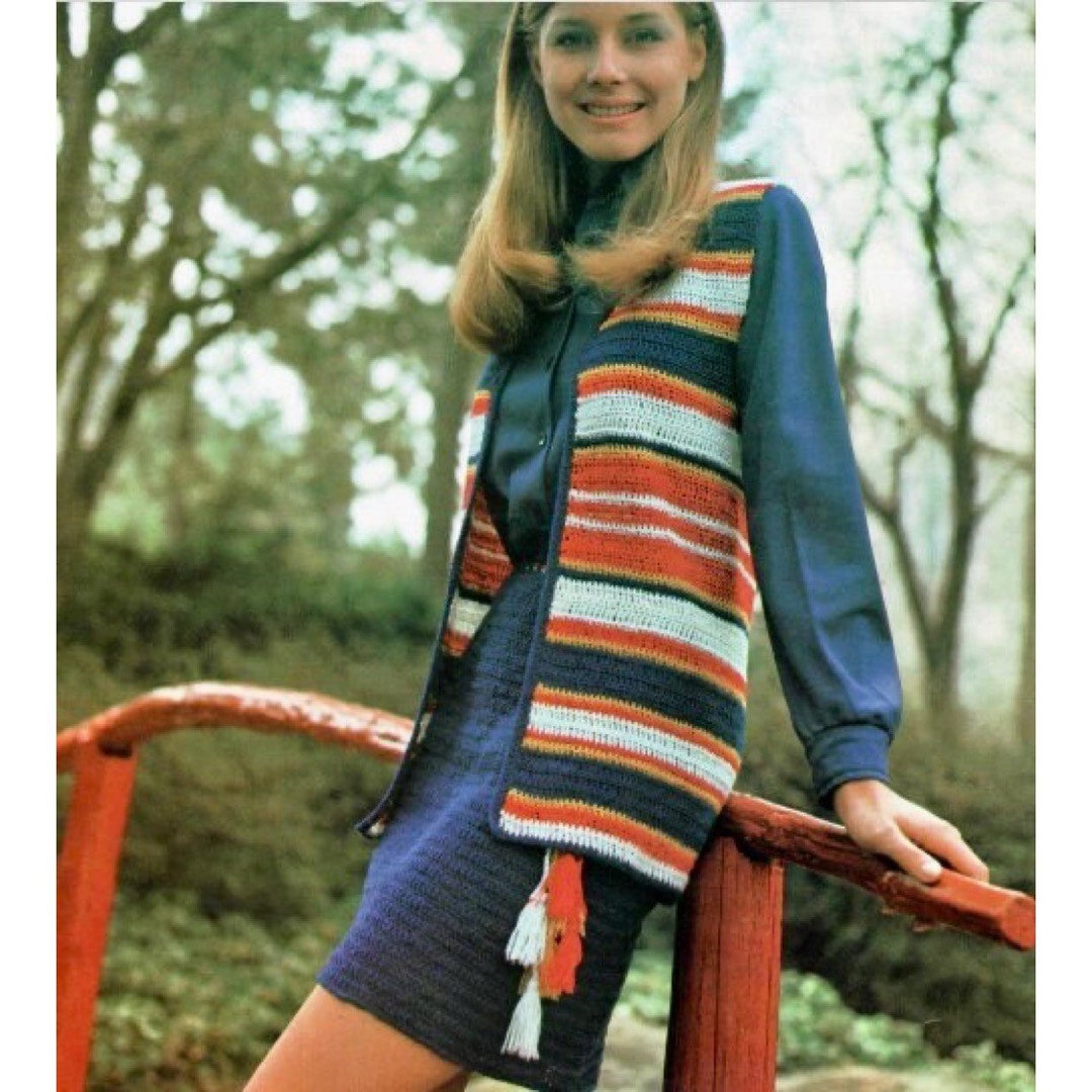 Vintage Crochet Pattern 1970's Striped Long Vest and Skirt Set ...