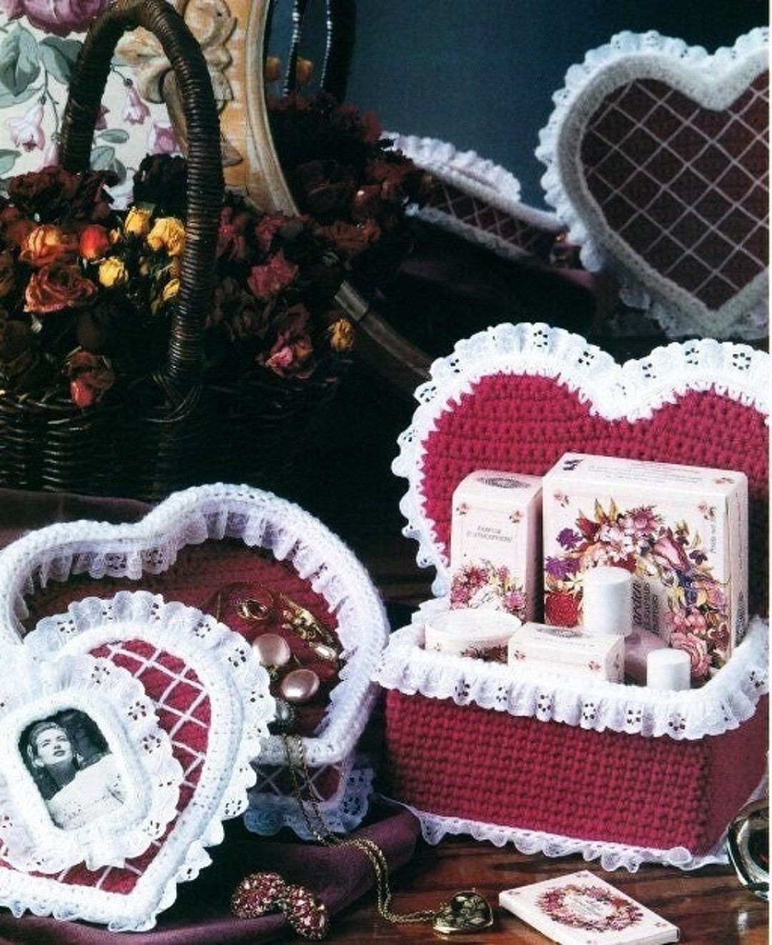 Vintage Crochet Pattern Vanity Hearts, Frame, Tray, Cosmetic Caddy ...