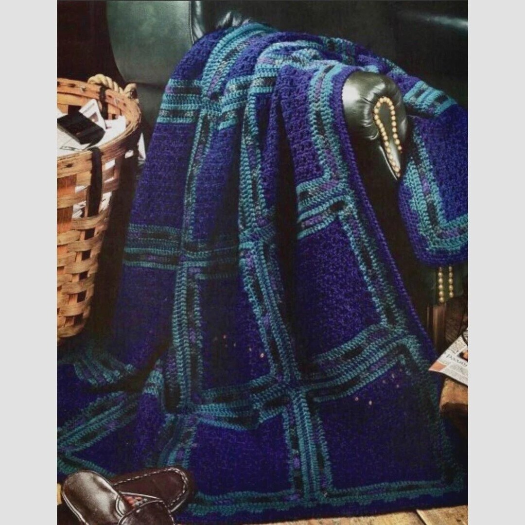 Vintage Crochet Pattern Blue Masculine Men's Variegated Afghan Square ...