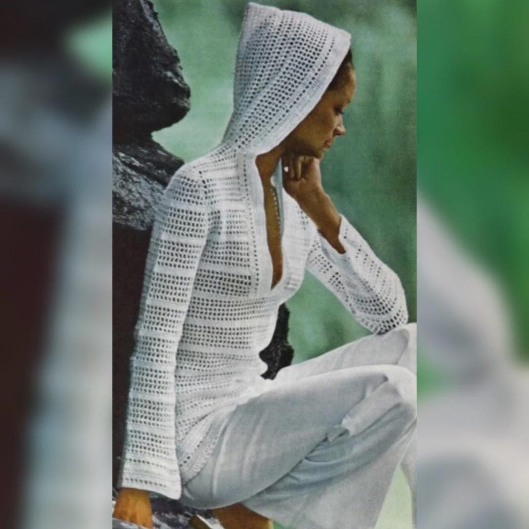 Vintage Filet Mesh Crochet Pattern Hooded Pullover Tunic Top Openwork ...