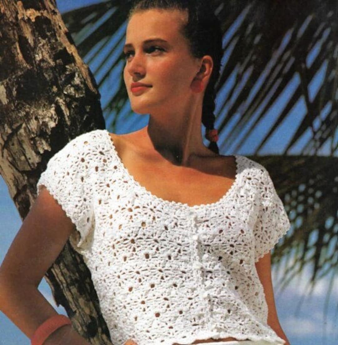 Vintage Crochet Diagram Pattern Pullover Lacy Button Crop Top Motif ...