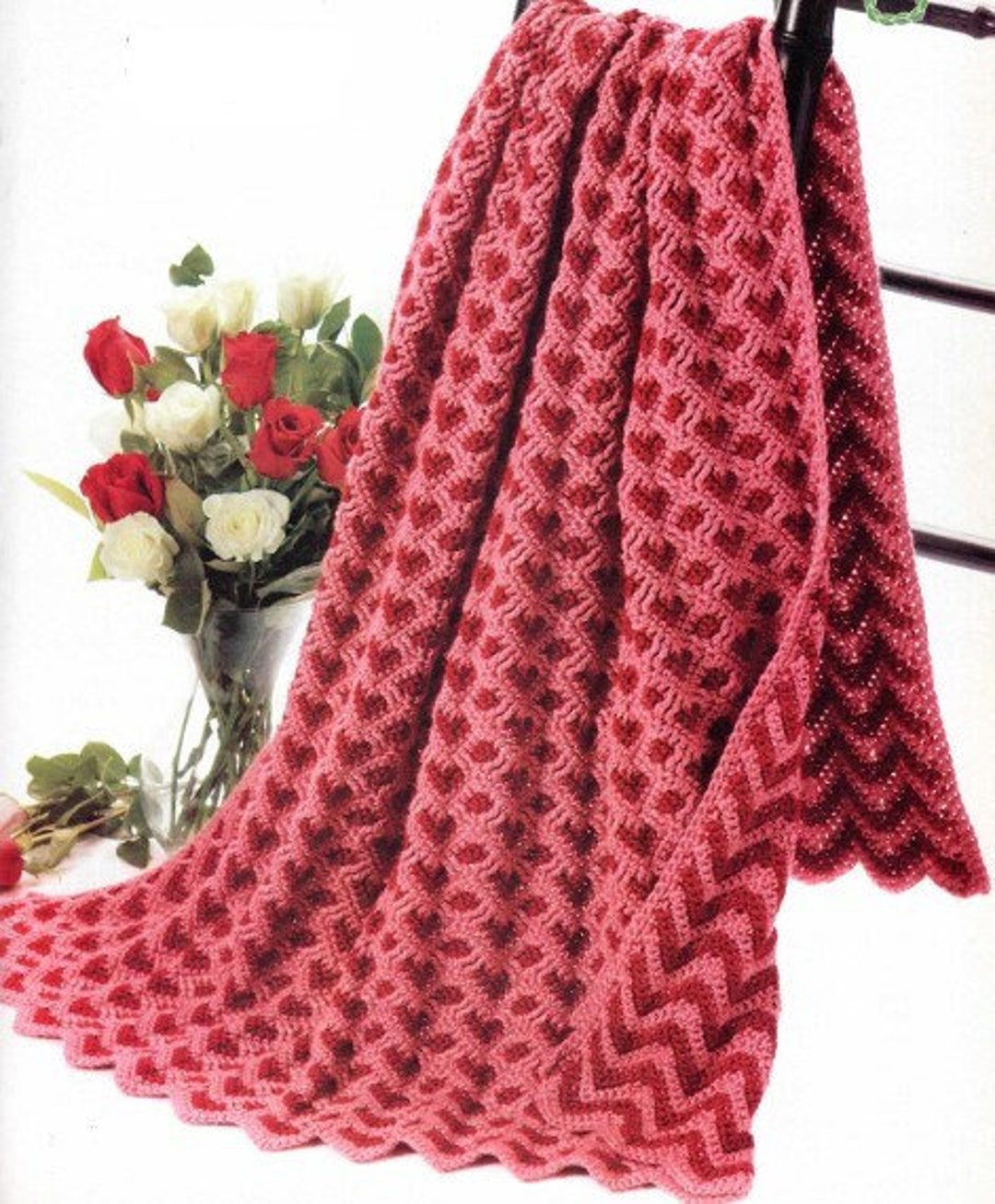 Vintage Crochet Pattern Sweetheart Ripple Afghan Pink Red Hearts Throw ...