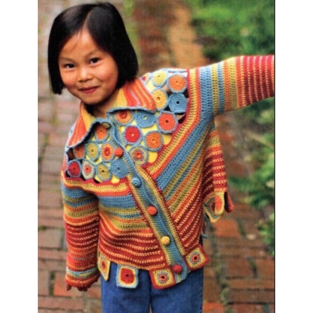 Vintage Crochet Pattern Girls Colorful Ornate Yoyo Circle Motif Sweater ...