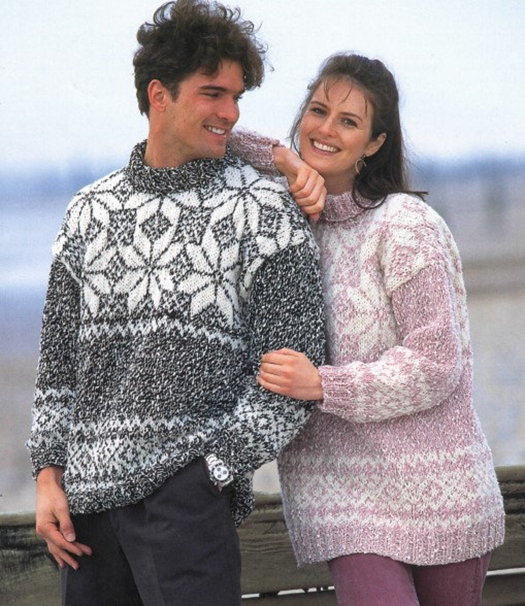 Vintage Sweater Knitting Pattern Matching Pullover Snowflake Fair Isle ...