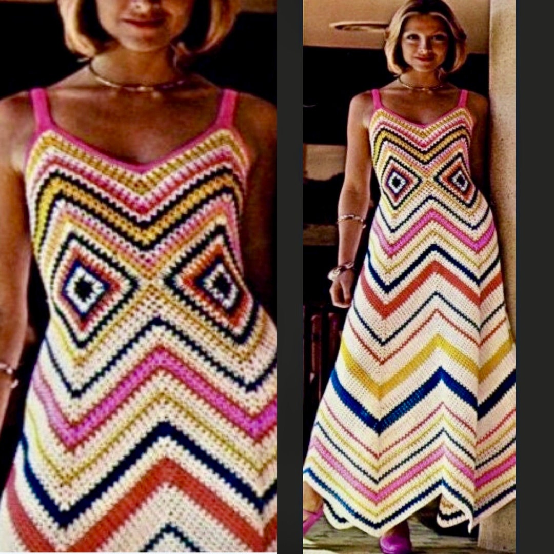 Vintage Crochet Pattern 70s Long Chevron Diamon Maxi Long Casual Dress ...