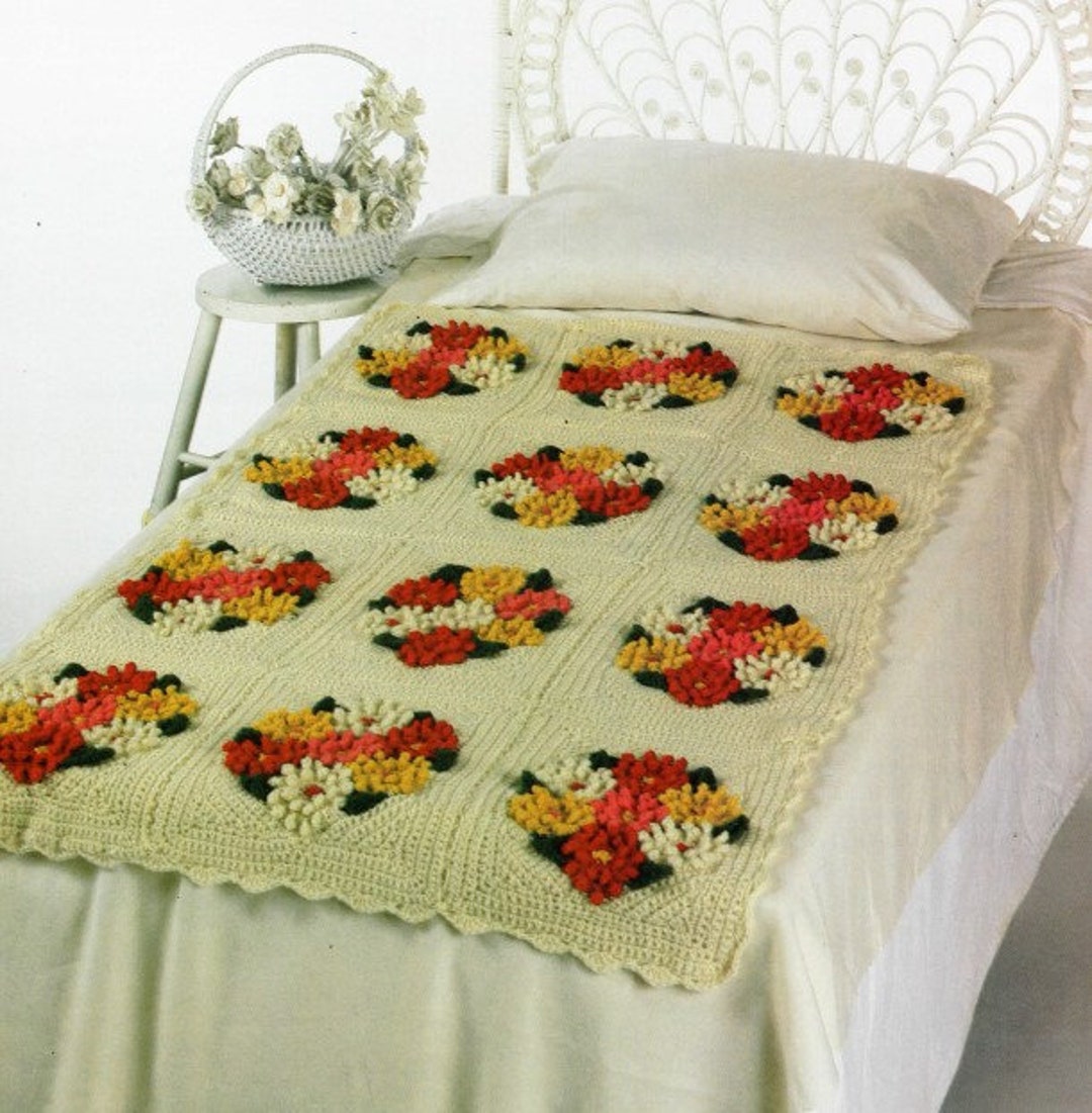 Vintage Crochet Quilt Pattern Nosegay Flowers Motif Afghan Quilt Style ...