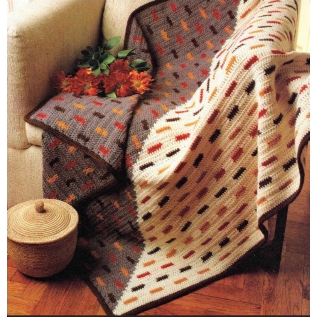 Vintage Crochet Pattern Autumn Diagonal Dash Charted Afghan Fall Throw ...