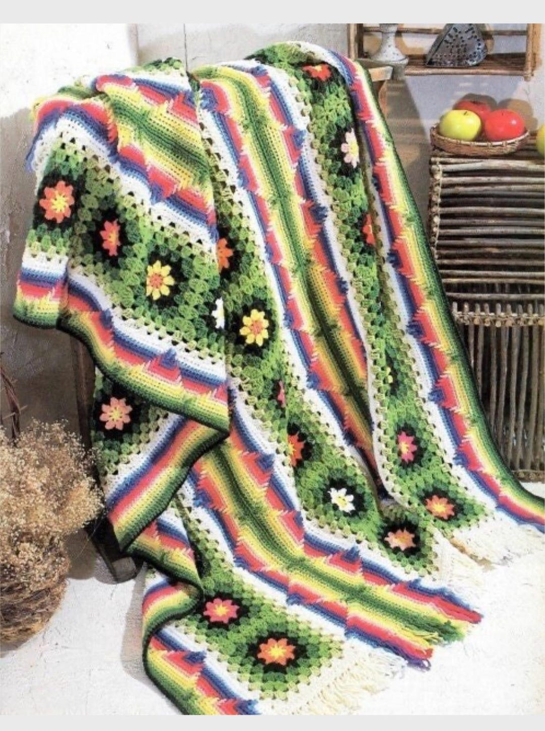 Vintage Afghan Crochet Pattern Mexican Saltillo Blooming Cactus Granny ...
