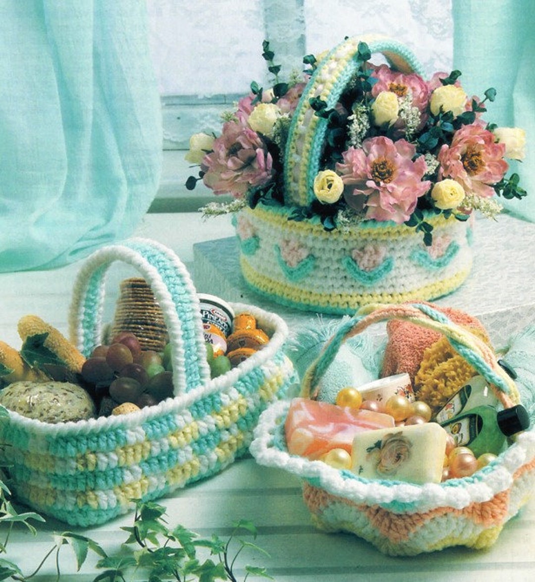 Vintage Crochet Pattern Pastel Spring Easter Baskets Gift Basket Goodie ...
