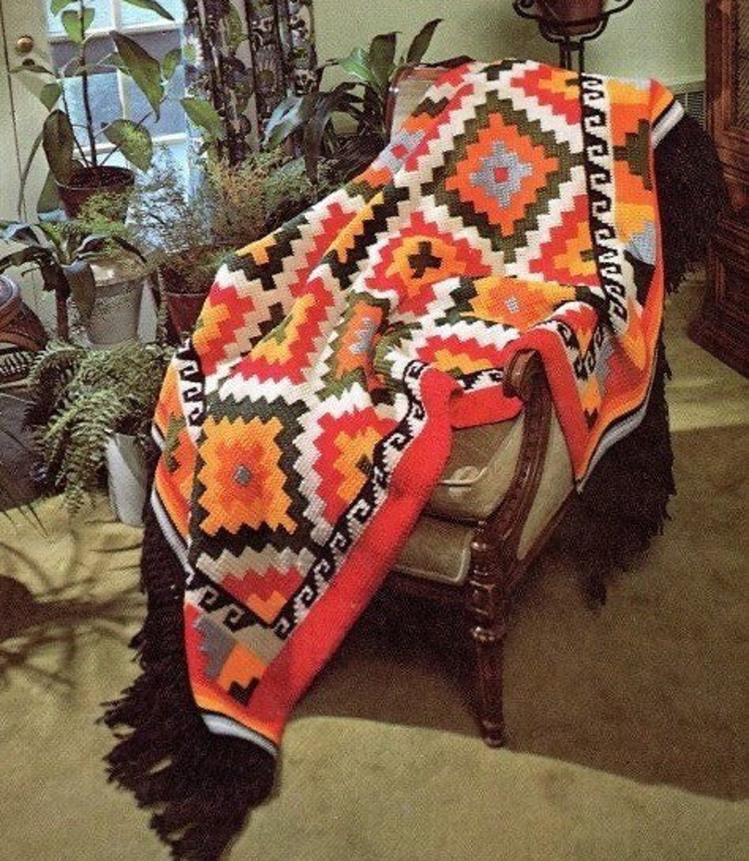 Vintage Crochet Pattern Geometric Indian Afghan Aztec Blanket ...