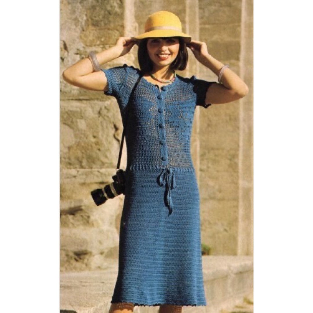 Vintage Filet Crochet Dress Pattern Button Midi Dress Knee Length ...