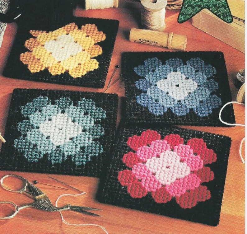 Granny Square Coaster Set Vintage Plastic Canvas Coasters - Etsy
