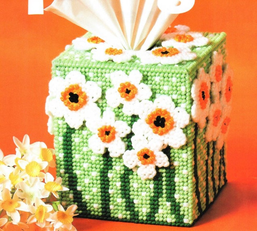 Vintage Plastic Canvas Pattern Dancing Daffodils Daisy Flower Tissue ...