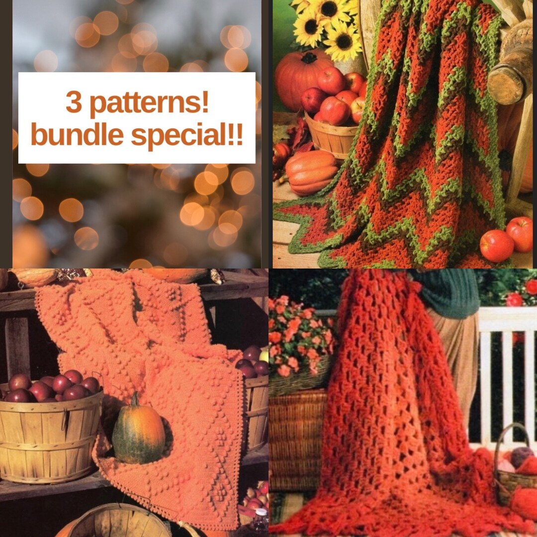 Vintage Afghan Crochet Pattern Bundle Lot Special 3 Fall Autumn Afghan ...