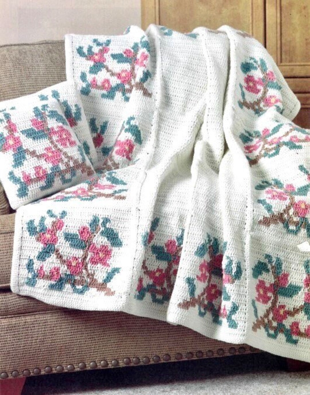 Vintage Tunisian Crochet Pattern Flowering Branch Embroidered Afghan ...