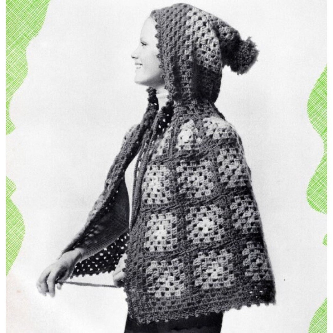 Vintage Crochet Pattern Granny Square Hooded Cape Jacket Shawl Hoodie ...