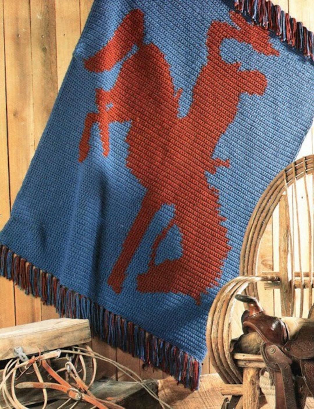 Vintage Crochet Pattern Bucking Rodeo Horse Cowboy Western Afghan ...