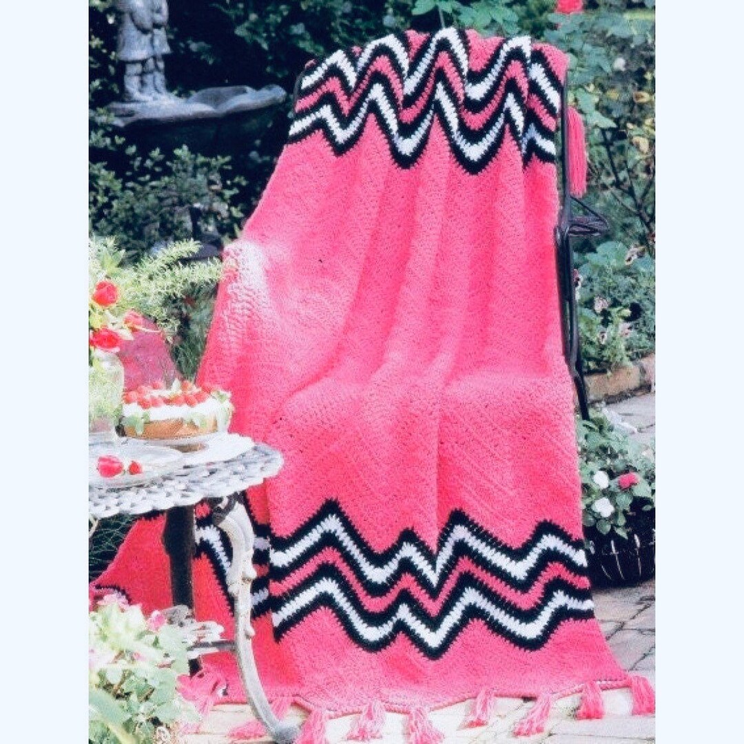 Vintage Afghan Crochet Pattern Raspberry Sherbet Ripple Fringe Throw ...