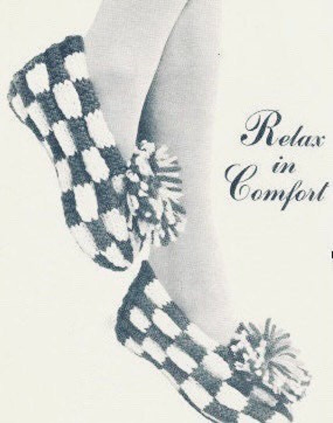 Vintage Knitting Pattern Adult Checkerboard Pompom Slippers Pattern PDF ...