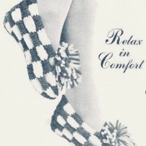 Vintage Knitting Pattern Adult Checkerboard Pompom Slippers Pattern PDF ...